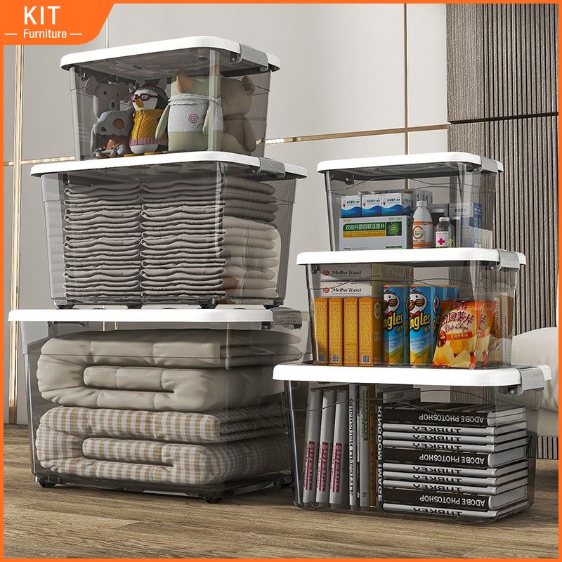 56L 80L 120L Clear Plastic Storage Box Kotak Simpanan Storage Box with Wheels Handle Lid Multi ...