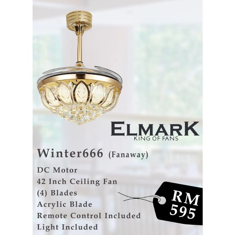 Elmark Winter666 42" 36" Crystal Ceiling Fan LED Lights Remote Control Fan | Shopee Malaysia