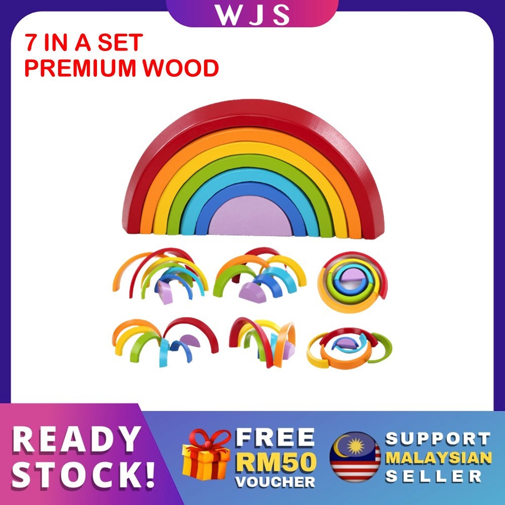 🇲🇾FREE RM50 VOUCHER🎁 MLQ 7 Color Wooden Rainbow Stacking Rainbows Shape ...
