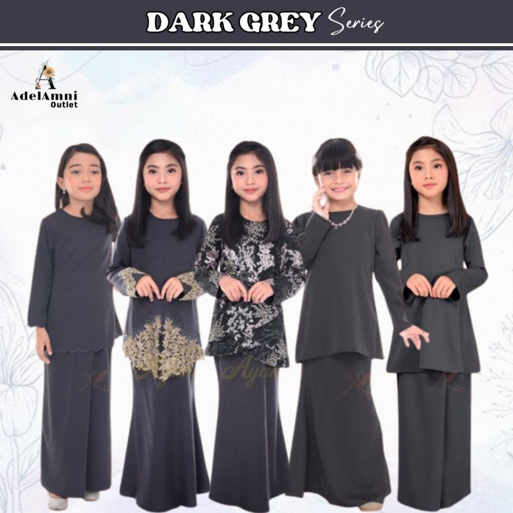 Tema Dark Grey Baju Kurung Budak Perempuan Kids Plain Lace Muslimah ...