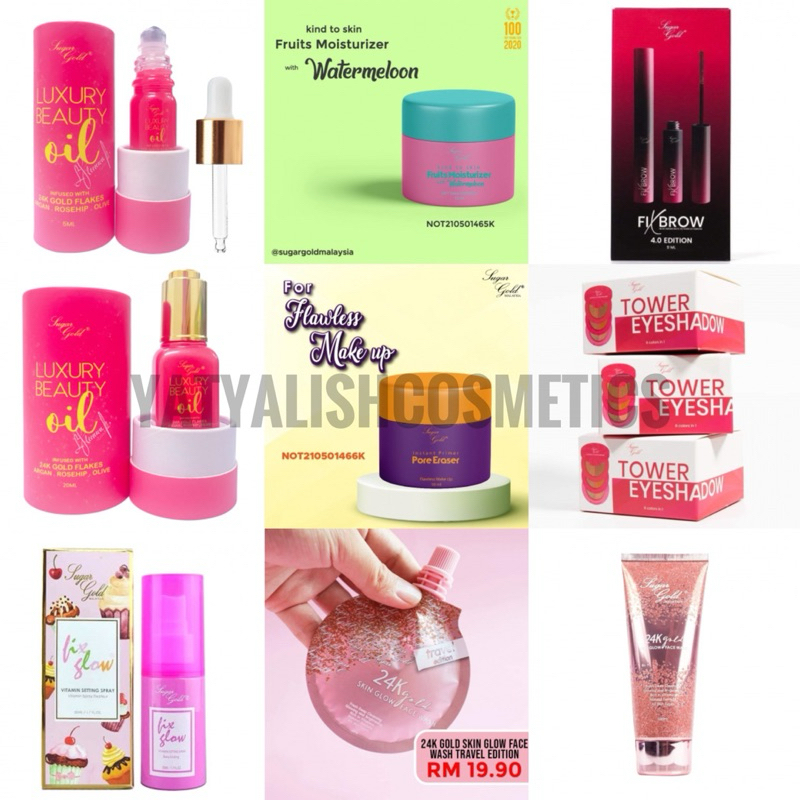 SUGAR GOLD OIL, FACIAL WASH, MOISTURIZER, PRIMER, FIX BROW, FIX LINER ...