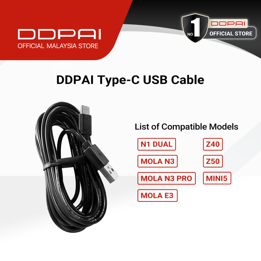 DDPAI Dash Cam Power Cable Type-C USB for Model ( N1 Dual / Mola N3 Pro ...