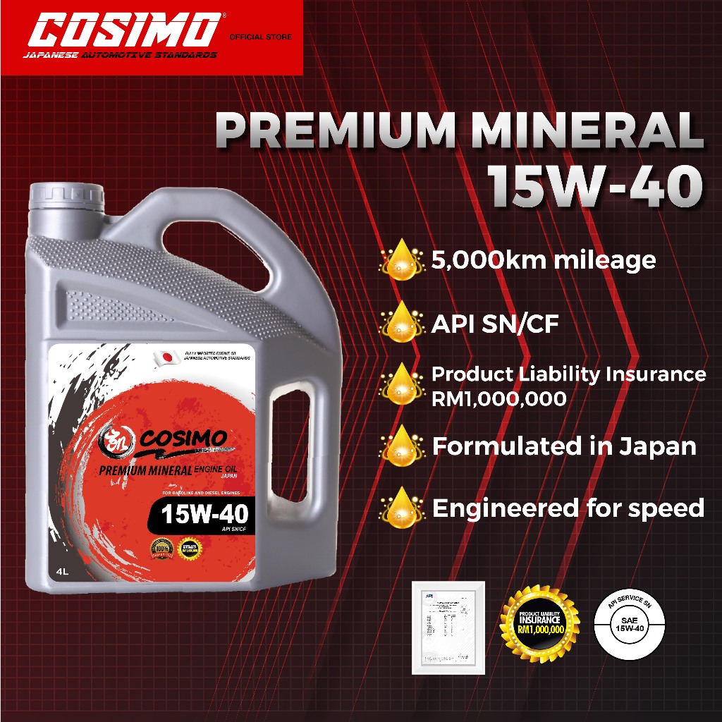 COSIMO 15W40 (4L) API SN Premium Mineral Engine Oil Car Lubricant ...