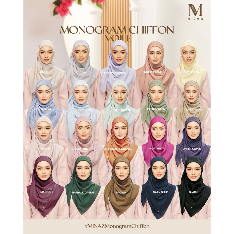 TUDUNG BAWAL MINAZ MONOGRAM CHIFFON VOILE BIDANG 45 RAYA 2024 | Shopee ...