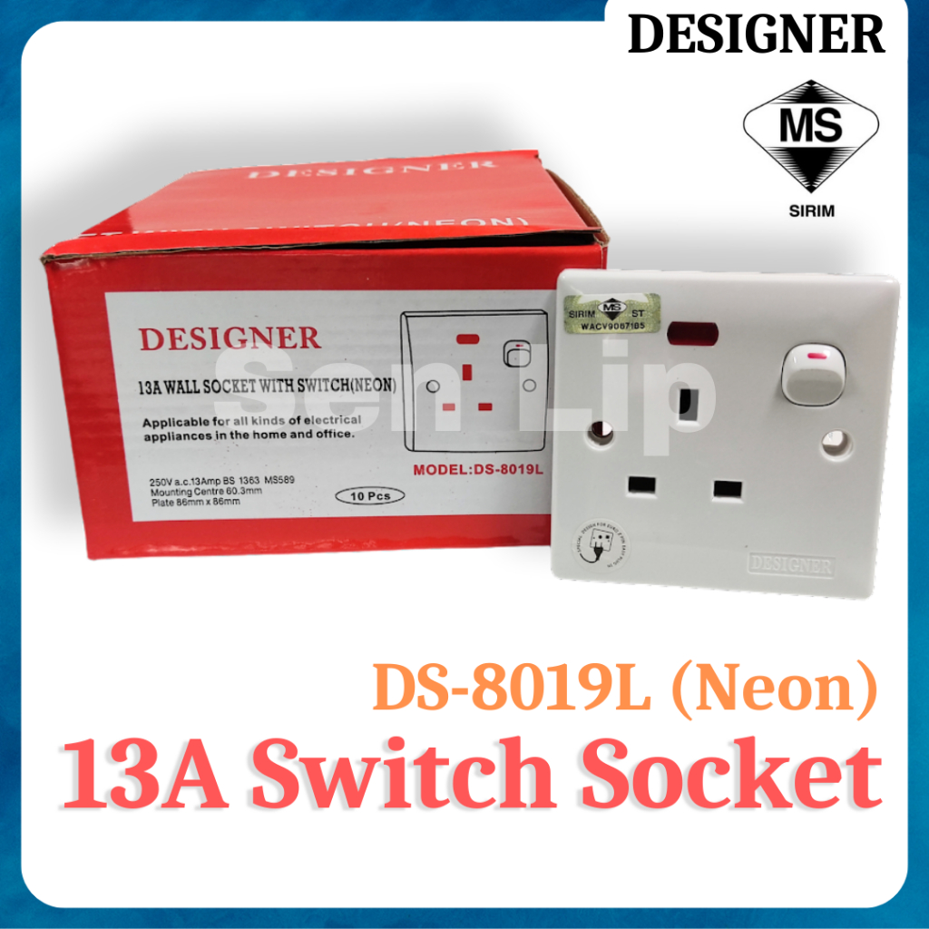 DESIGNER 13A Wall Socket with Switch (Neon) (SIRIM) DS-8019L | Shopee ...