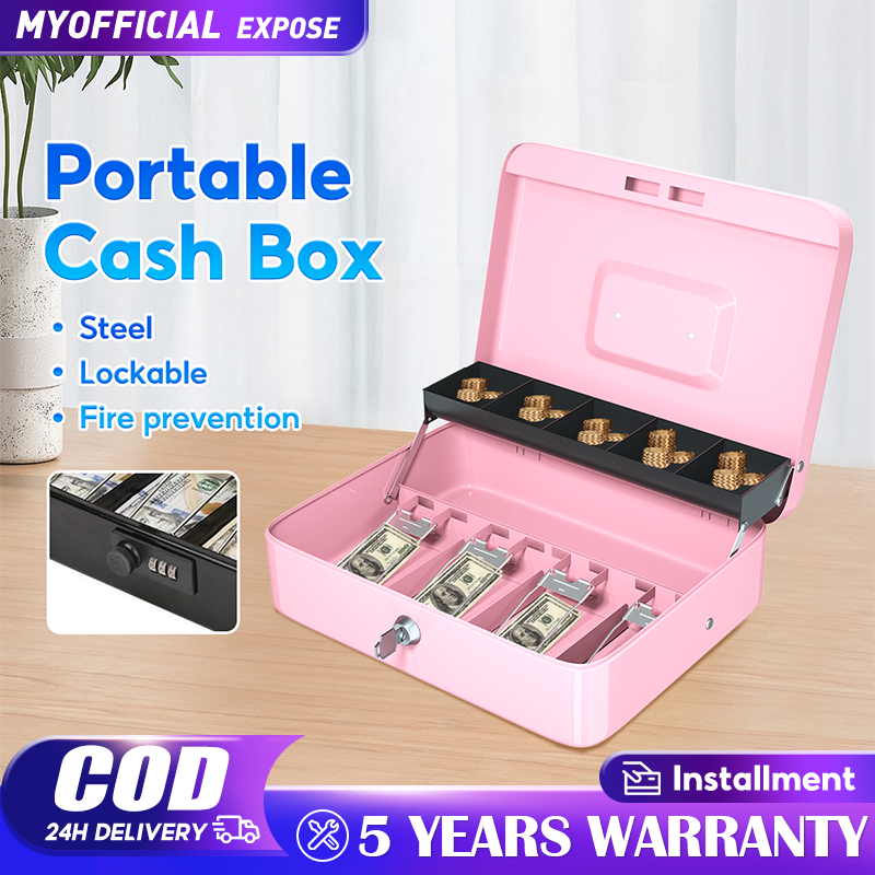 Portable Cash Box Handle coin box Lockable Compartment Tray money box ...