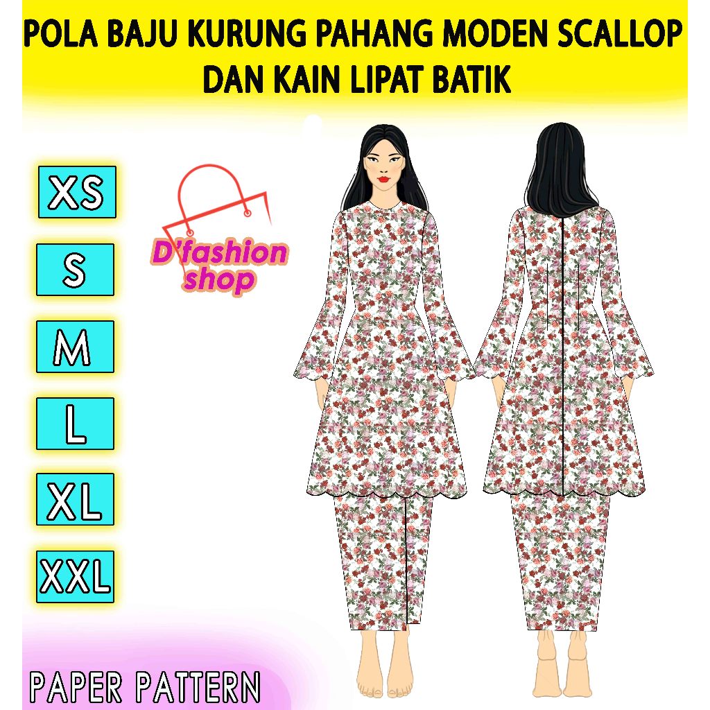 POLA BAJU KURUNG PAHANG MODEN SCALLOP DAN KAIN LIPAT BATIK | Shopee Malaysia