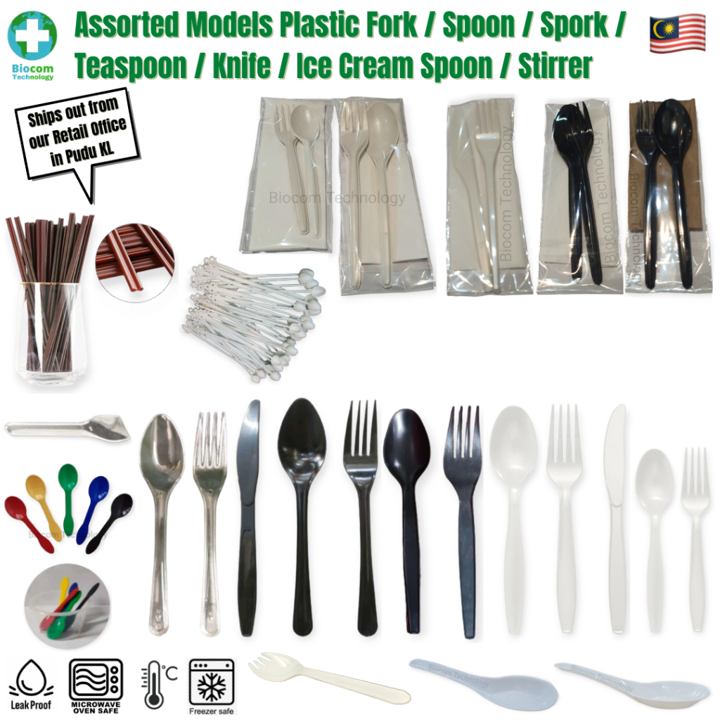 ALL TYPES Plastic Fork Spoon Spork Knife Stirrer Cutlery Set Chopstick ...