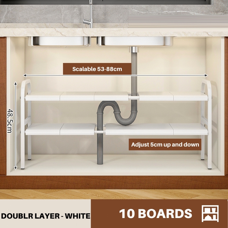 NEW VERSION BOARD + BASKET Extendable Stainless Steel Under Sink Rack ...