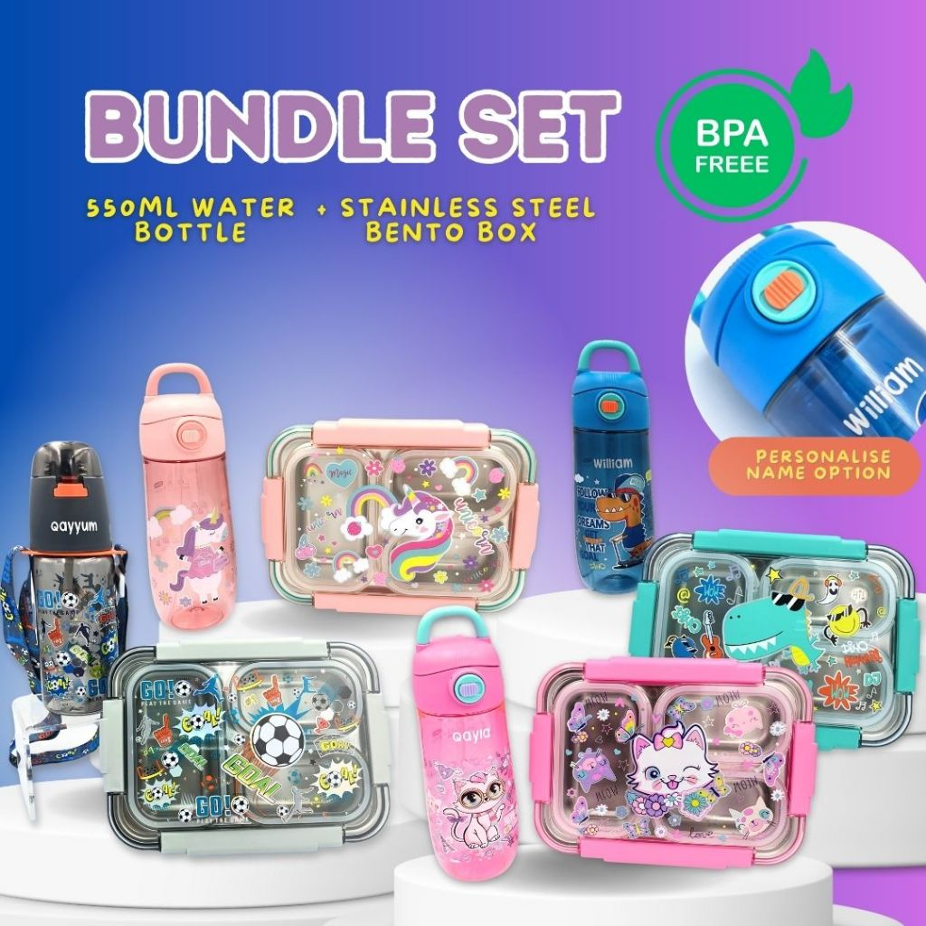 Lottie & Bo Kids Bundle Lunchtime Set Stainless Steel Bento Lunch Box Leak Proof and Water ...