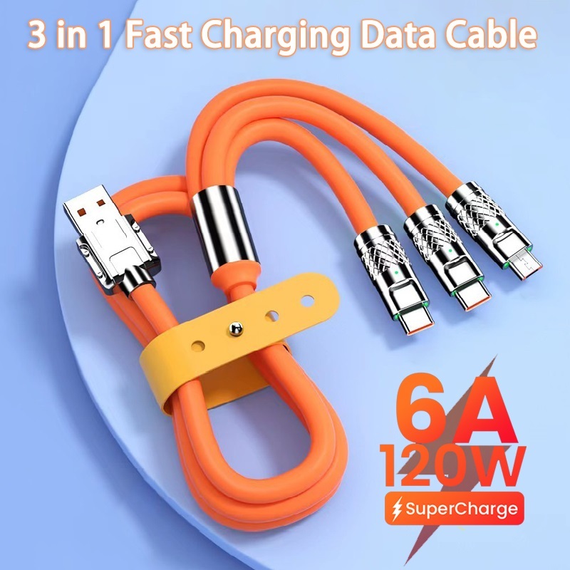120w 3 in 1 Cable Zinc Alloy Aluminum 6A Fast Charging Data USB Cable ...