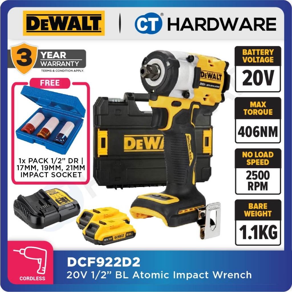 DEWALT DCF922D2 CORDLESS BRUSHLESS ATOMIC IMPACT WRENCH 1/2" 20V 2.0AH ...