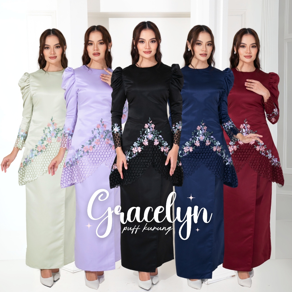 [NEESTYLE] GRACELYN • Baju Raya 2024 Baju Kurung Moden Puff Satin Lace ...