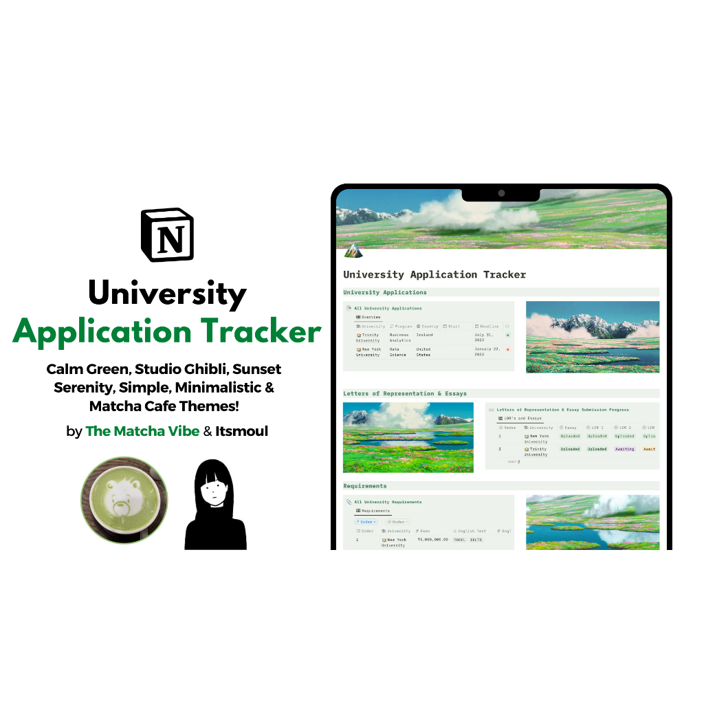 Notion Template | Green, Anime & Matcha University Application Tracker ...