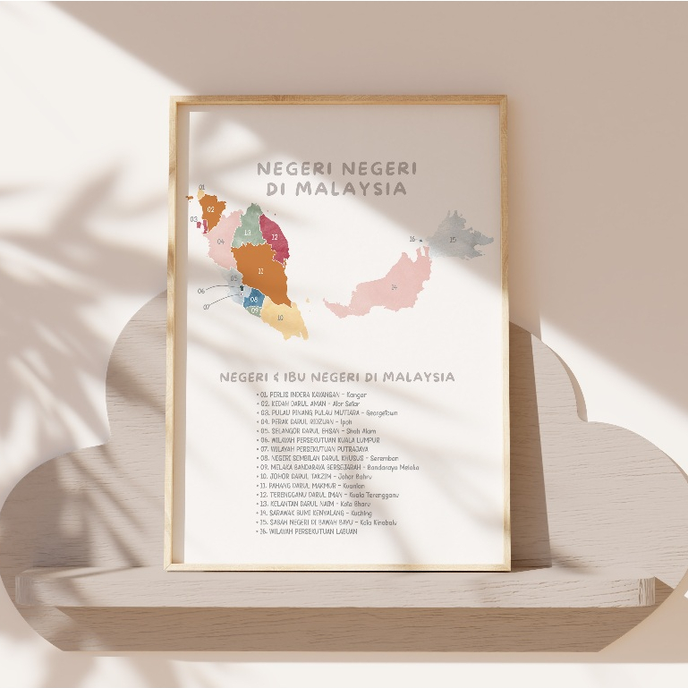 Colourful Malaysia map Poster with frame (Nursery series) in A3/A4 size ...