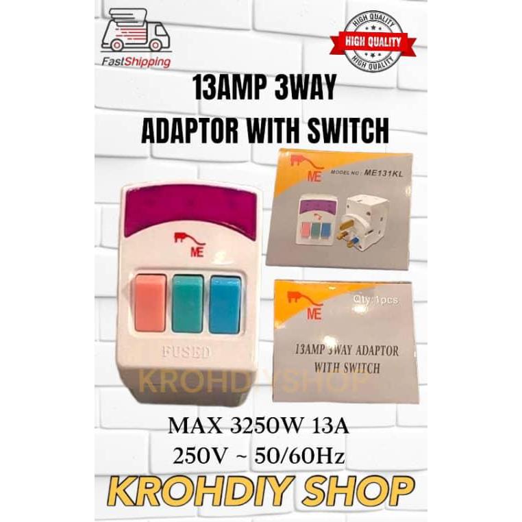 ME 3 Way Adapter with Switch & Indicator Light Power Outlet Extension ...