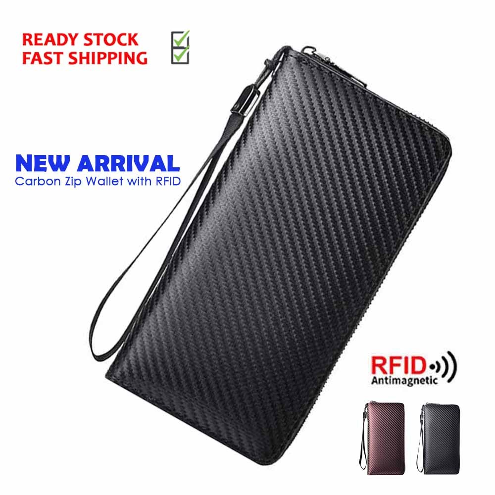 NEW ARRIVAL RFID Carbon Fiber Zip Wallet Long Wallet with Strap Dompet ...