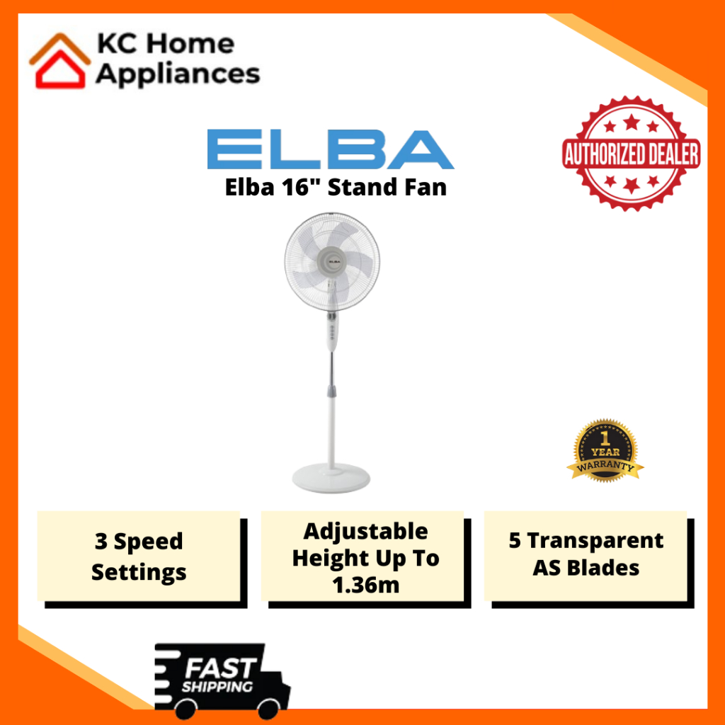 Elba 16" Stand Fan | 50W | Adjustable Height | 3 Speed | 100% Cooper ...