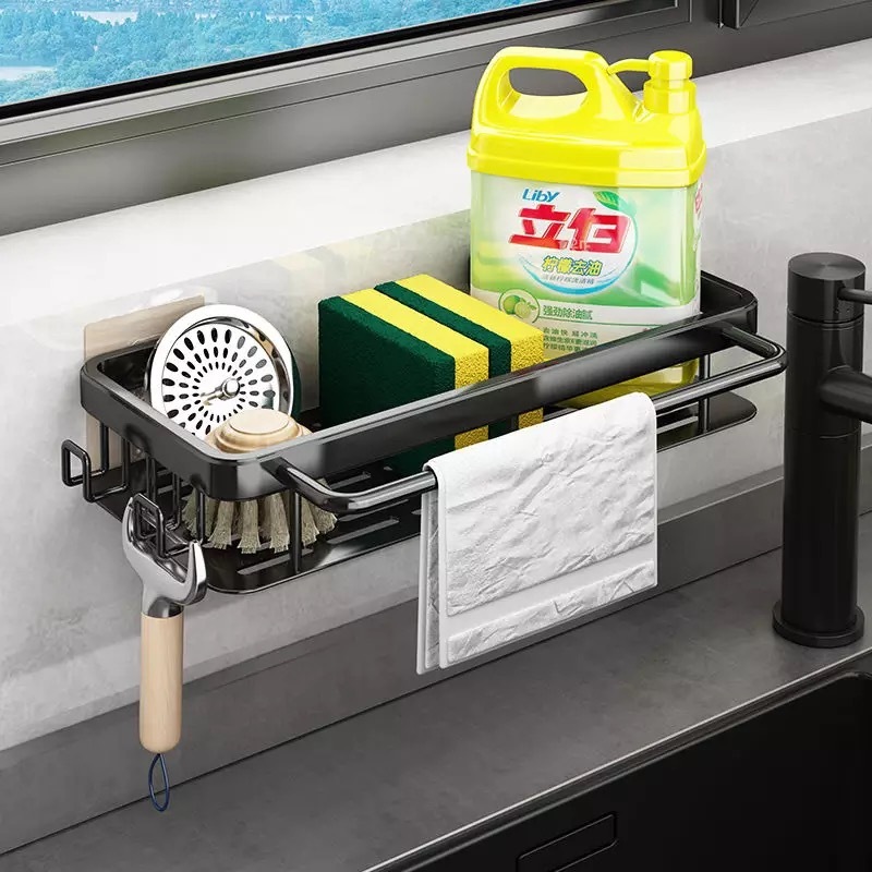 BATHKITCHZ Aluminium Black Sink Drainer Sponge Storage Rack Rag Soap ...