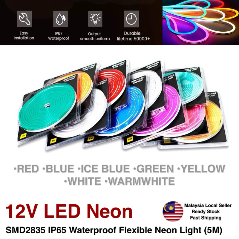 5METER 12V LED NEON LIGHT SMD2835 IP65 WATERPROOF FIXABLE COLOURFUL ...