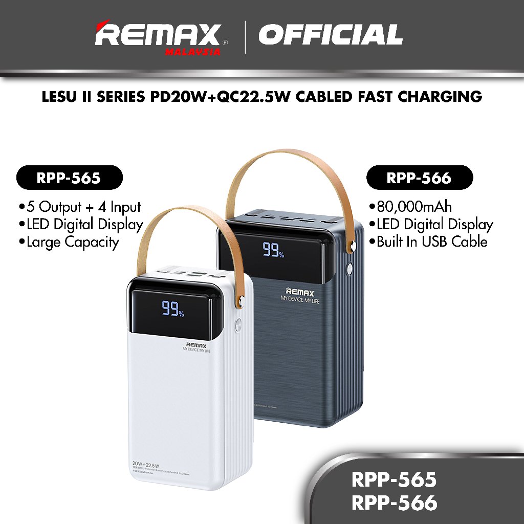 REMAX RPP-565 / RPP-566 Lesu II Series PD20W+QC22.5W Cabled Fast Charging Power Bank 60000mAh ...