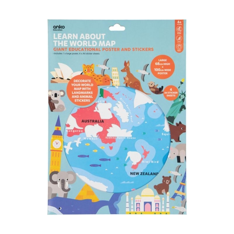 Anko Learn About the World Map: Giant Educational Poster and Stickers ...