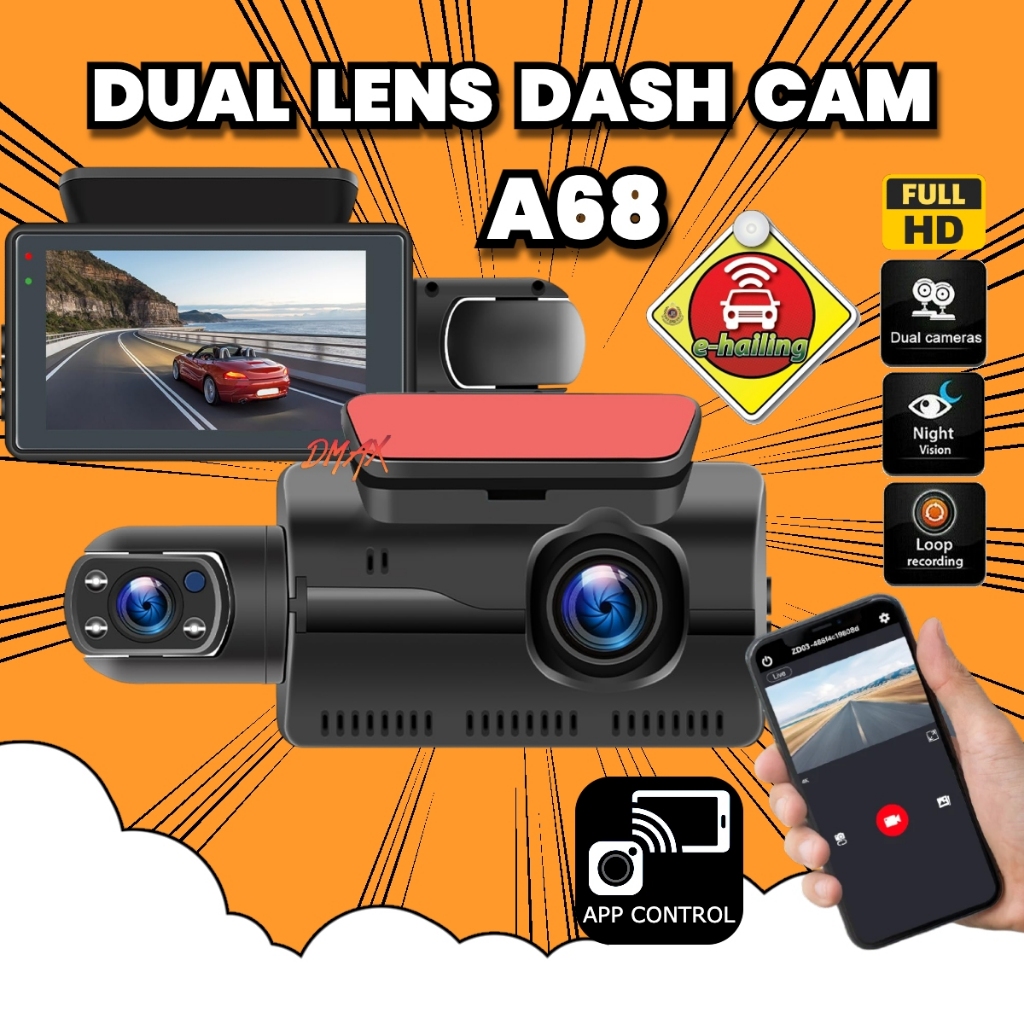 Front Inside Dashcam A68 WiFi 3 Inch Dual Lens Car Camera Recorder ...