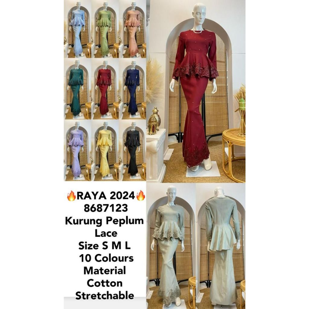 BAJU RAYA 2024 KURUNG PEPLUM LACE | Shopee Malaysia