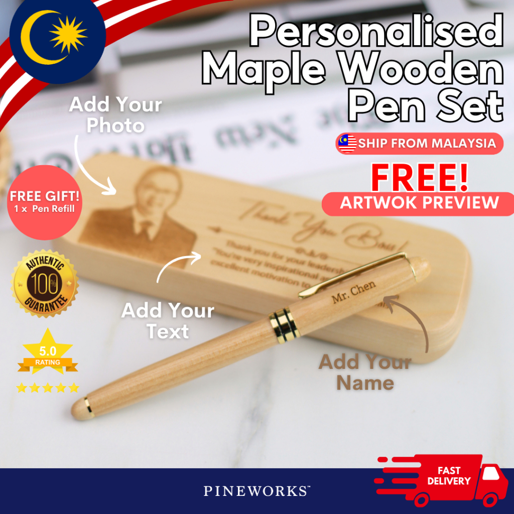 [HADIAH HARI GURU] Wooden Ball Pen Set with Maple Wood Box Photo Text Engraving Gift Box Kotak ...