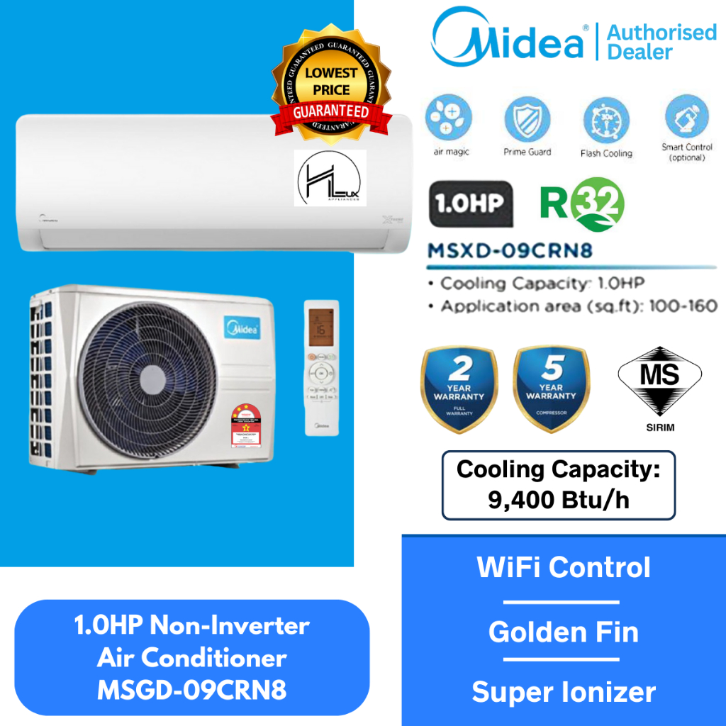 Midea R32 Xtreme DURA Non Inverter Ionizer Air Conditioner (1.0HP/1.5HP/2.0HP/2.5HP) MSXD-09CRN8 ...