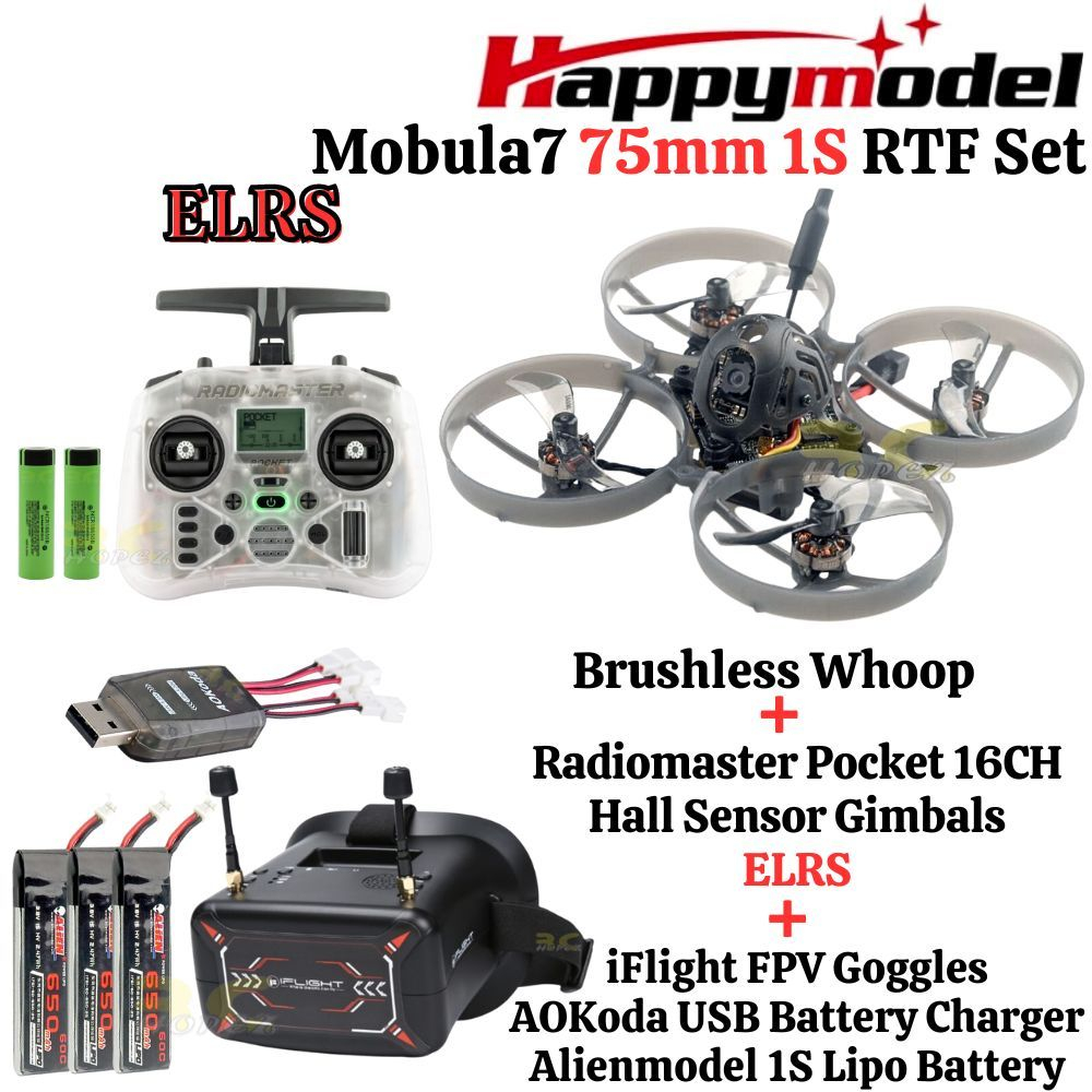 Happymodel Mobula7 75mm 1S X12 V3.0 5-IN-1 AIO Whoop + RadioMaster Pocket/Jumper T Lite V2/T-Pro ...