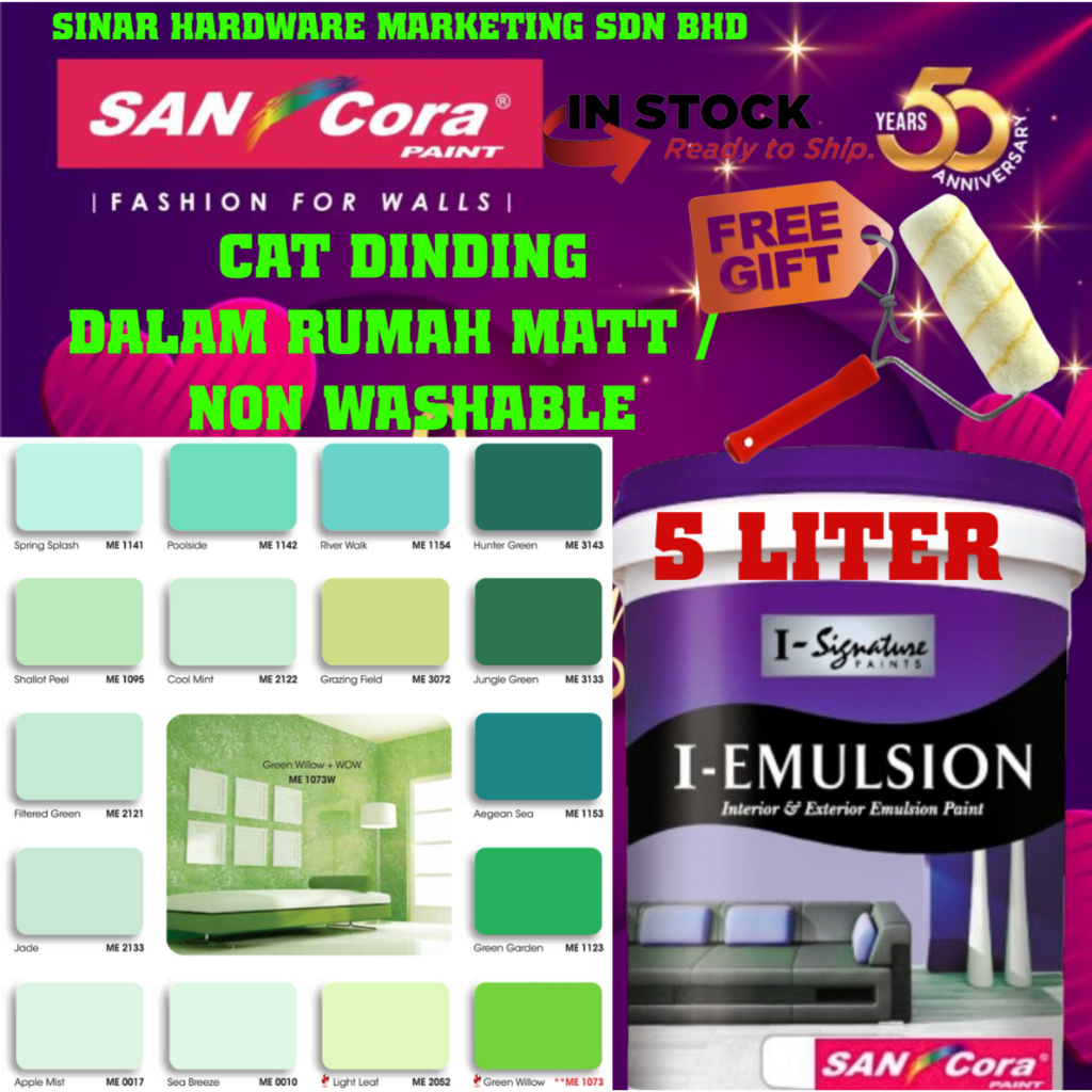 SINAR SANCORA I-EMULSION PAINT 5 LITER HARMONIES GREEN INTERIOR WALL MATT CAT DINDING DALAM ...