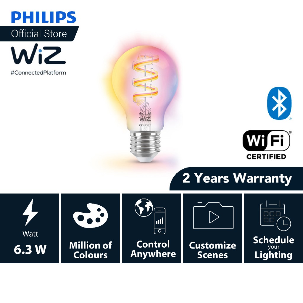 Philips Smart Lighting WiZ LED Filament A60 Colour 6.3W Bulb (Powered ...