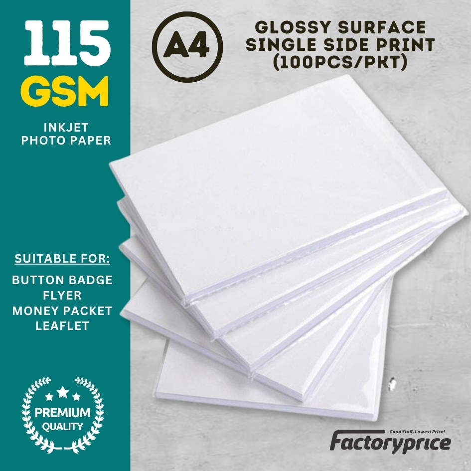 115gsm Inkjet Photo Paper (100pcs/pkt) | A4 Size Single Side Glossy Photo Paper | Kertas Duit ...