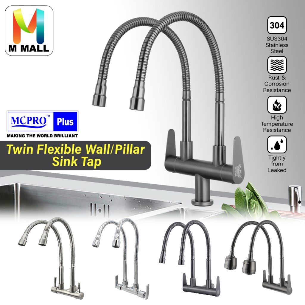 MCPRO Kitchen Faucet FLEXIBLE TWIN PILLAR/WALL SINK TAP -MPA303/SS1205 ...