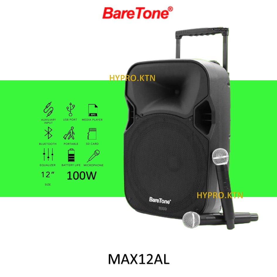 Baretone MAX12AL / MAX-12AL 12" Portable Speaker with Two UHF Wireless ...