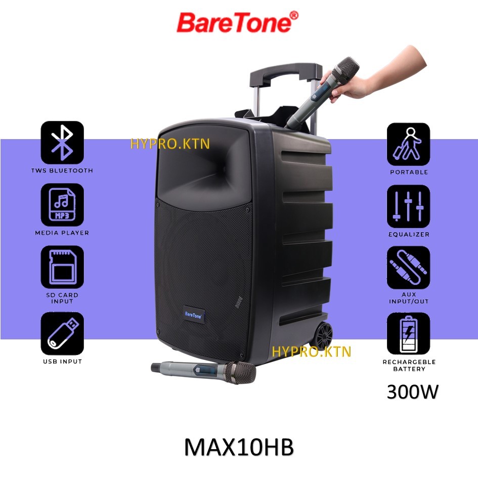 Baretone MAX-10HB 10" Portable Speaker With Two UHF Handheld Wireless ...