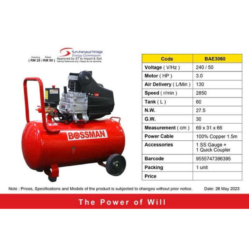 BOSSMAN BAE3060 DIRECT DRIVEN AIR COMPRESSOR / KOMPRESSOR ANGIN ...