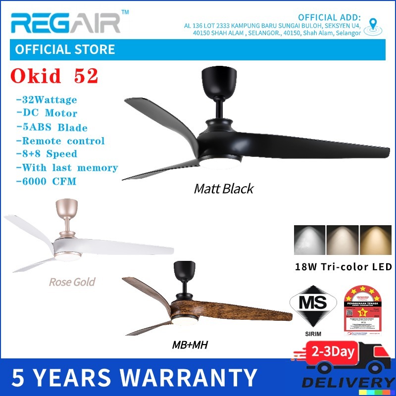 REGAIR Okid 52 DC ceiling fan with light Remote Control 3 ABS Blade 16 ...