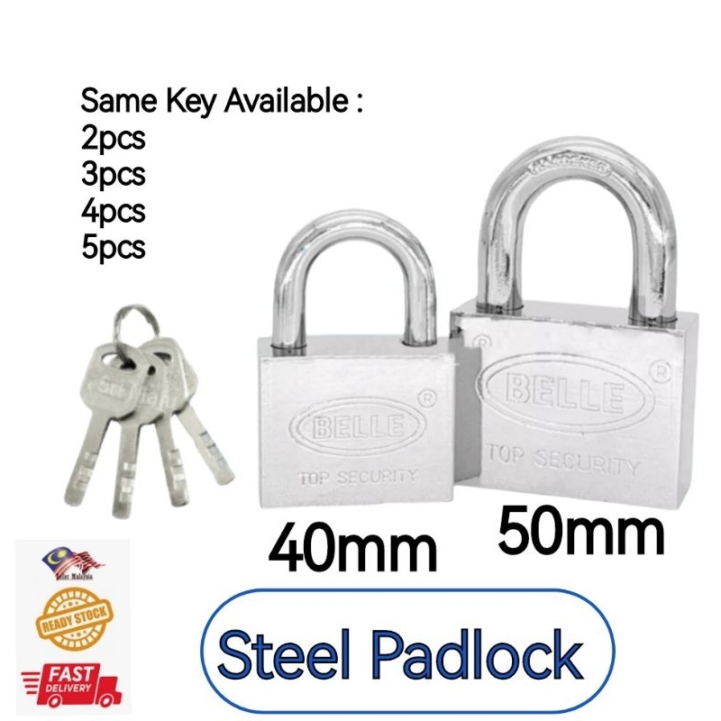 **Ready Stock** Belle Hardened Steel Padlock 40mm Same Key Alike Kunci ...