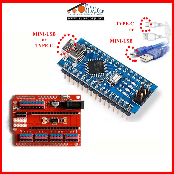 Arduino Nano v3.0 ATMEGA328 (Compatible) Shield c/w Mini-USB / Type-C ...