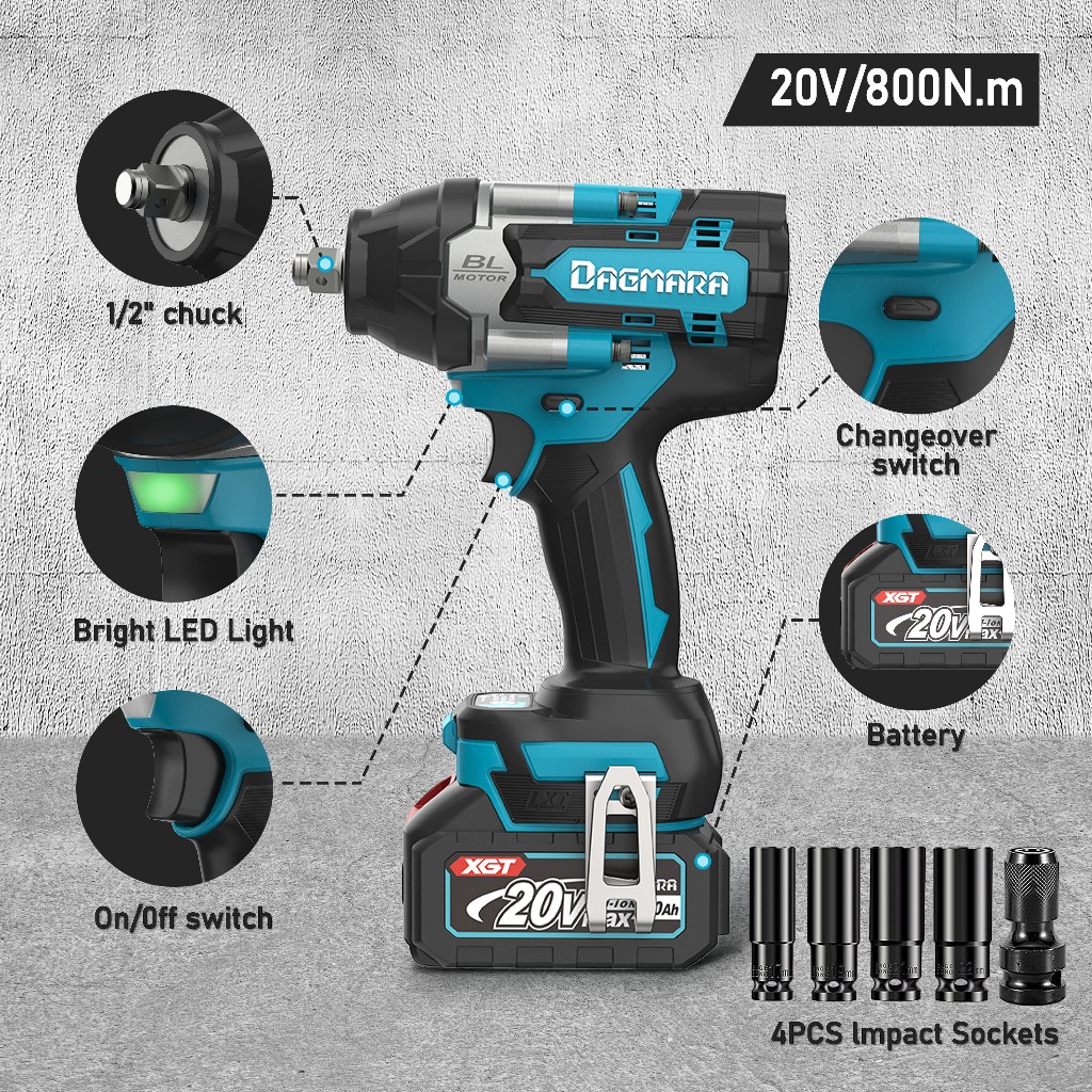 DAGMARA DIW01-800 Electric Cordless Impact Wrench Heavy Duty Brushless ...