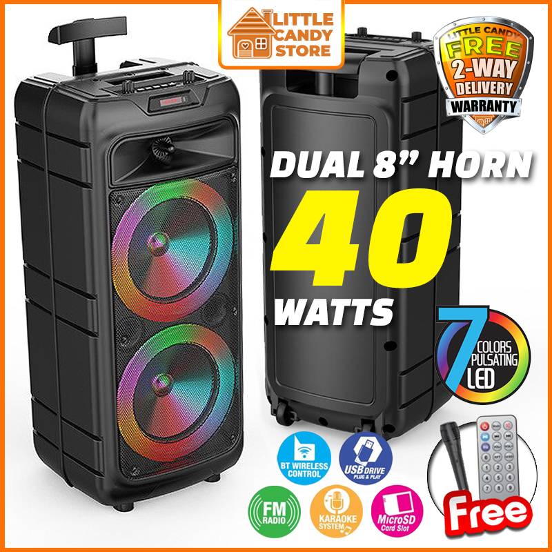 BMT Dual 8" 40W Bluetooth KTV Speaker Portable Super Bass Home Party LED Karaoke Wireless Player ...