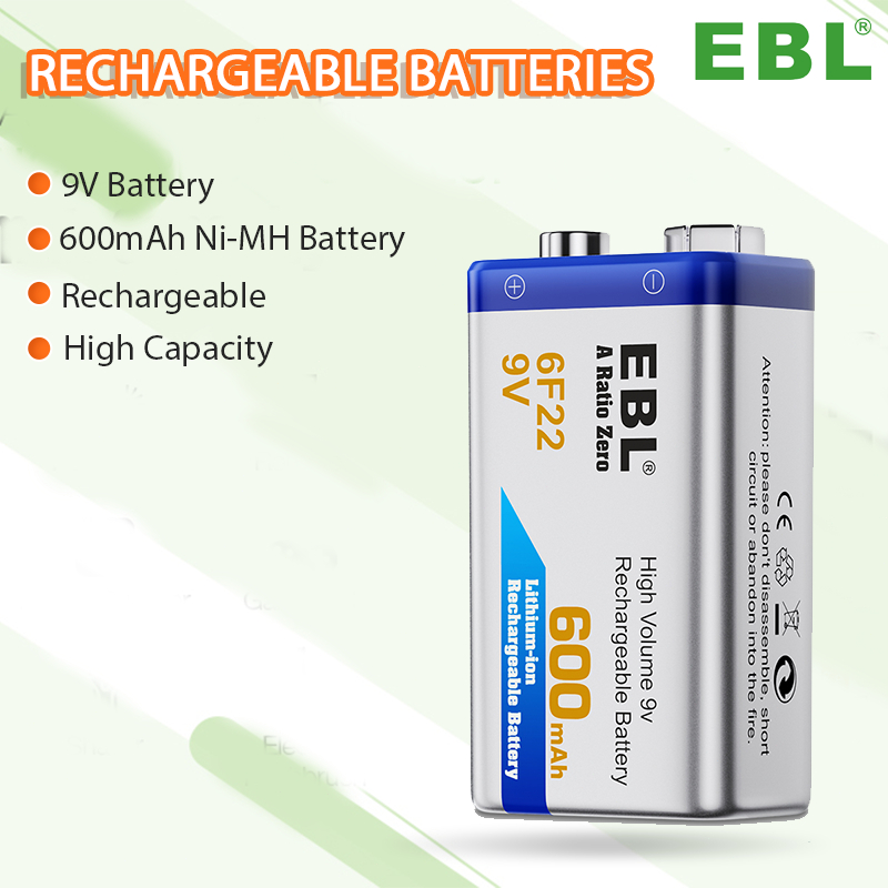 EBL 1pcs 9V EBL Akku Li-ion Rechargeable Battery (6F22 9-Volt-Block ...
