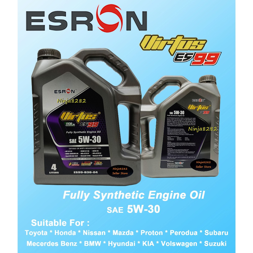 ESRON Virtus ES99 Fully Synthetic Engine Oil SAE 5W-30 ( 4 Liters ) Minyak Hitam Kereta | Shopee ...