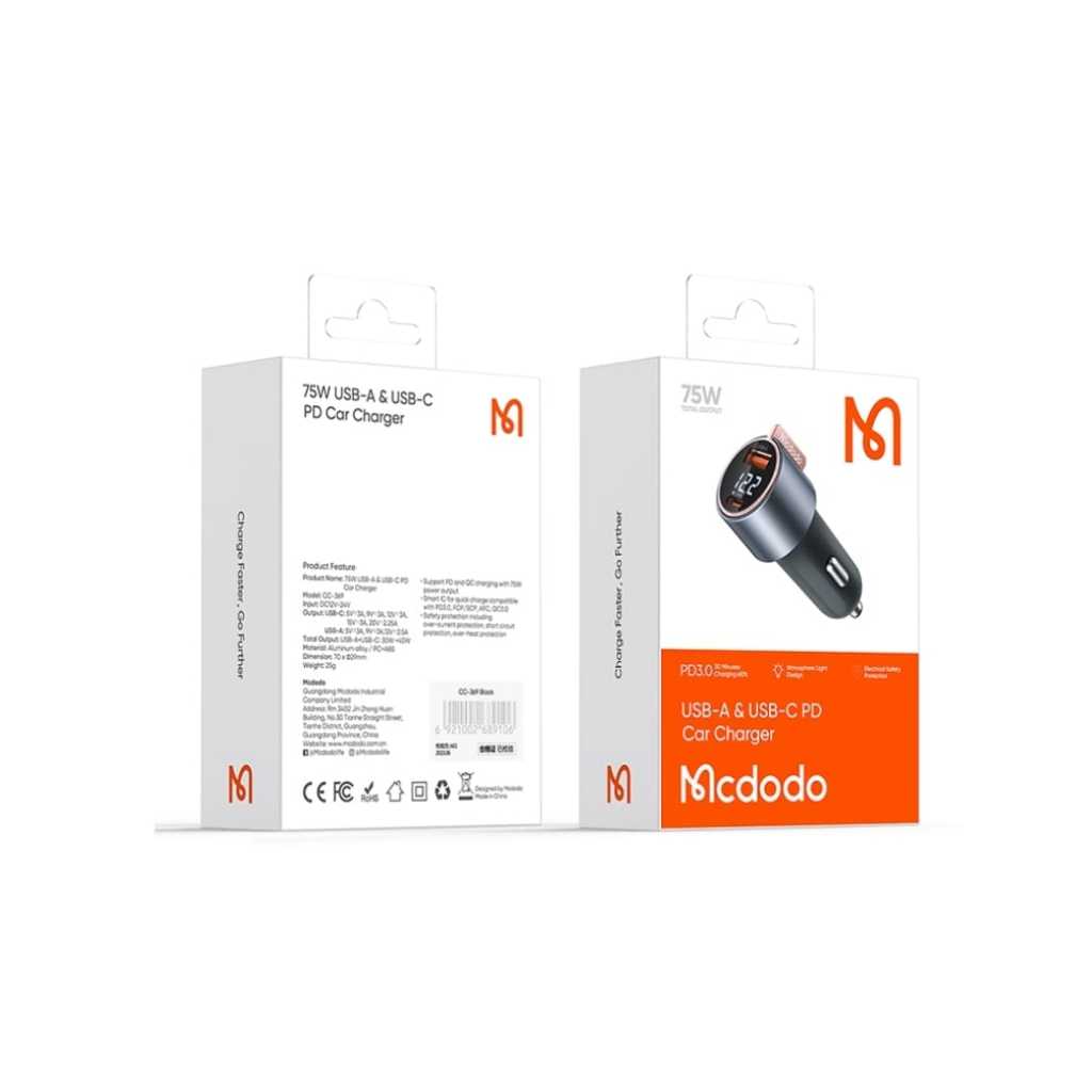 MCDODO 75W Digital Display 1C+1A PD Fast Car Charger for Trucks and Car ...