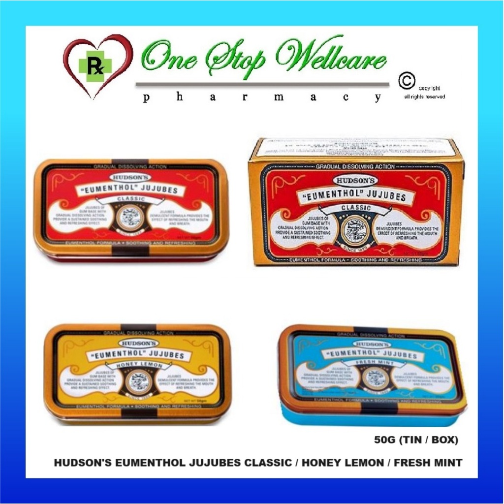 HUDSON'S EUMENTHOL JUJUBES CLASSIC (BOX) 50G / TIN 50G / HONEY LEMON ...