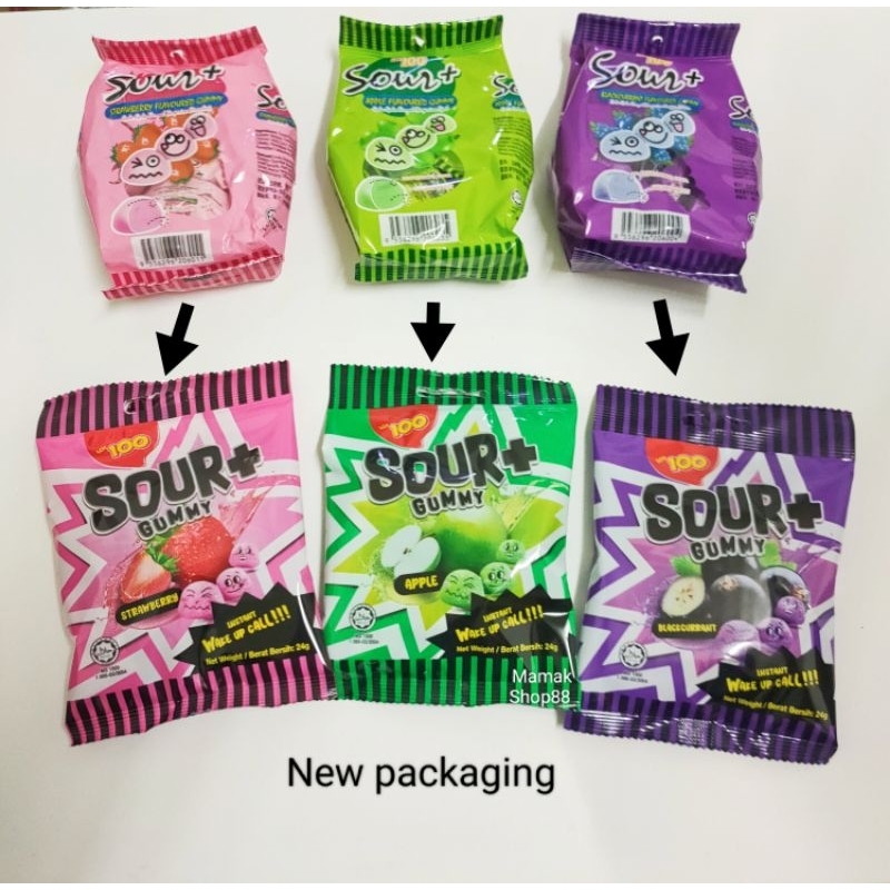 24g Lot 100 Sour+ Assorted Fruit Gummy (Blackcurrant / Strawberry ...