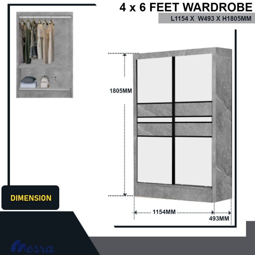 CASA-2Door Wardrobe / 4 ft Sliding Door / 4 Kaki Almari Baju Sliding ...