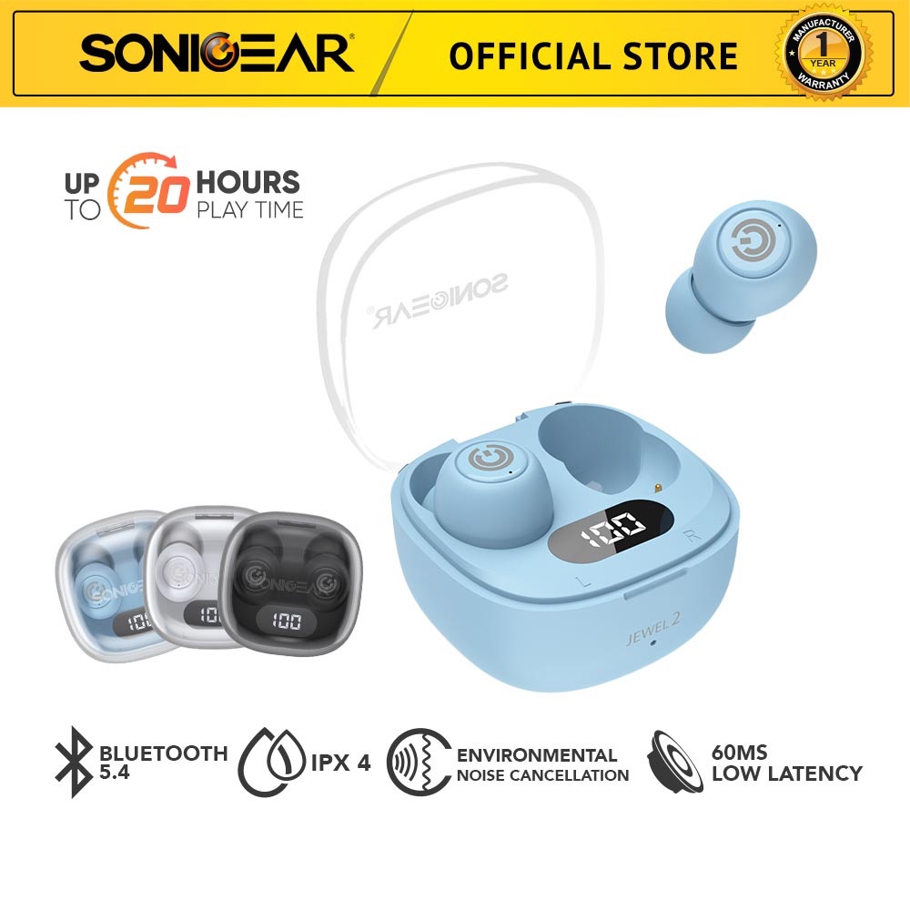 SonicGear EarPump TWS Jewel 2 ENC Bluetooth 5.4 Wireless Earbuds with Battery Percentage Display ...